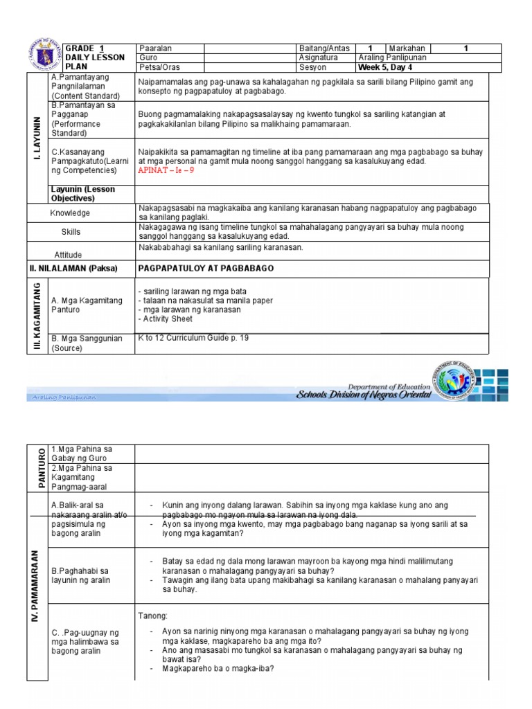 Grade 1 Daily Lesson Plan 1 1 Week 5, Day 4: Apinat - Ie - 9 | PDF