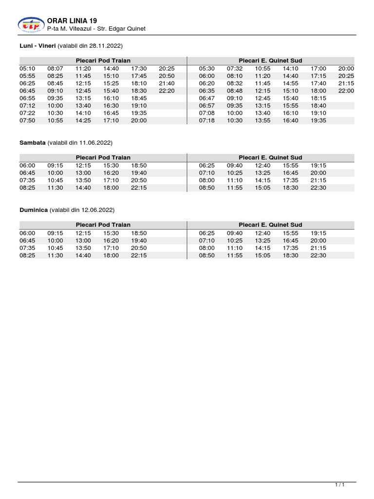 Orar Autobuz Linia 19 Cluj | PDF