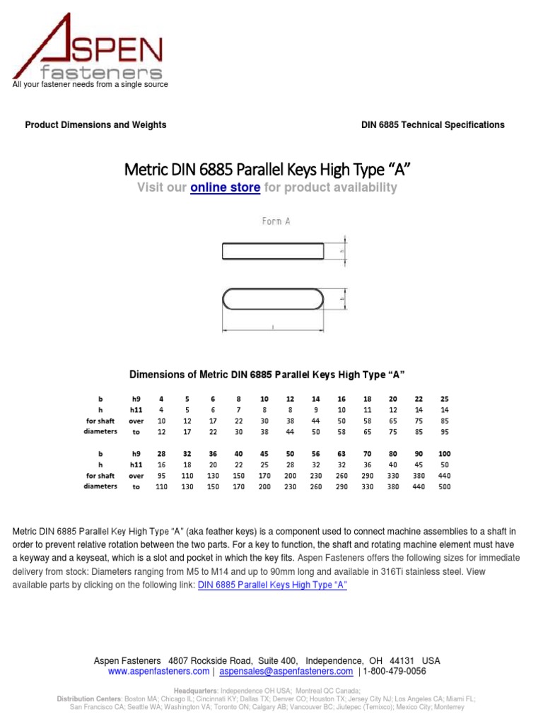 DIN 6885 Parallel Keys Specifications | PDF | Screw | Steel