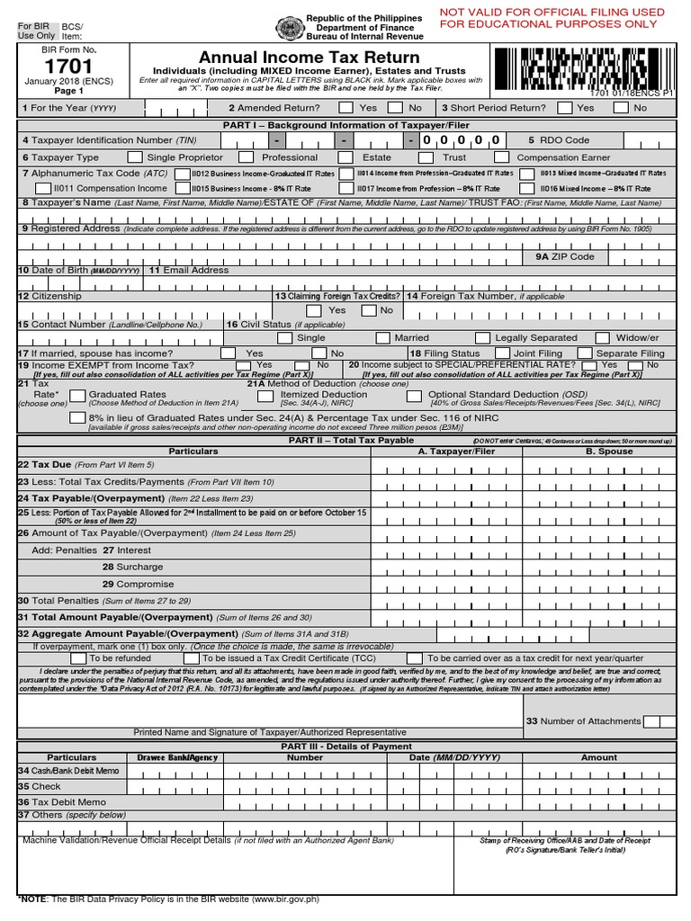 Bir Form 1701 | PDF | Tax Deduction | Taxes