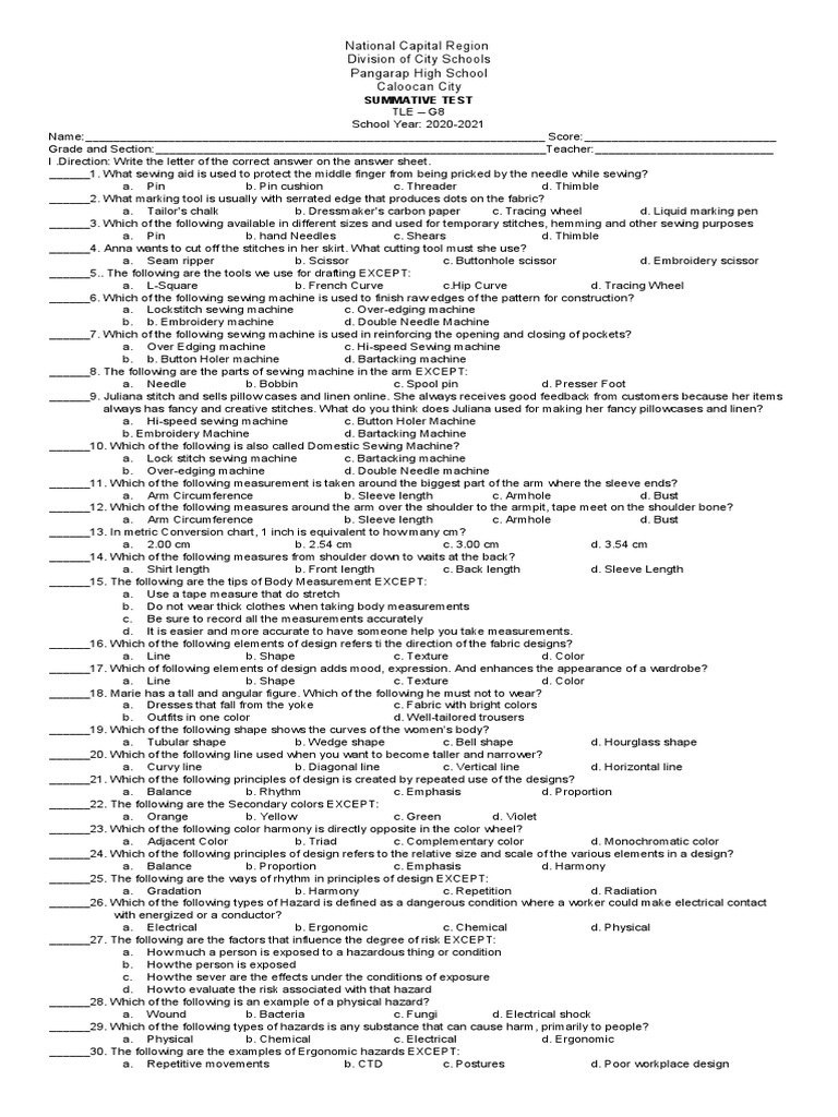 Dressmaking G8 Summative Test | Download Free PDF | Sewing | Sewing Machine