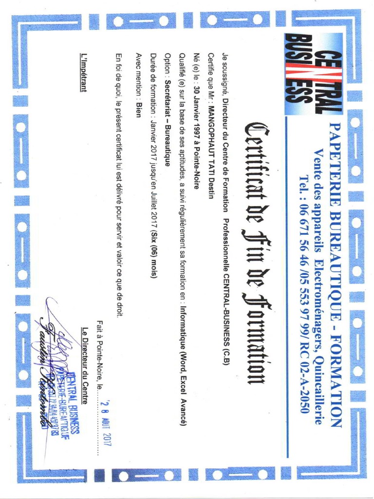 Certificat de Fin de Formation | PDF