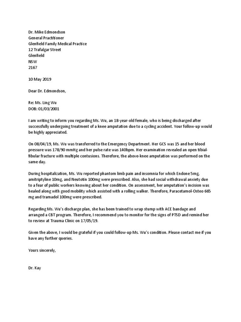 Ms. Ling Wu, Discharge Letter, Discharge File | PDF