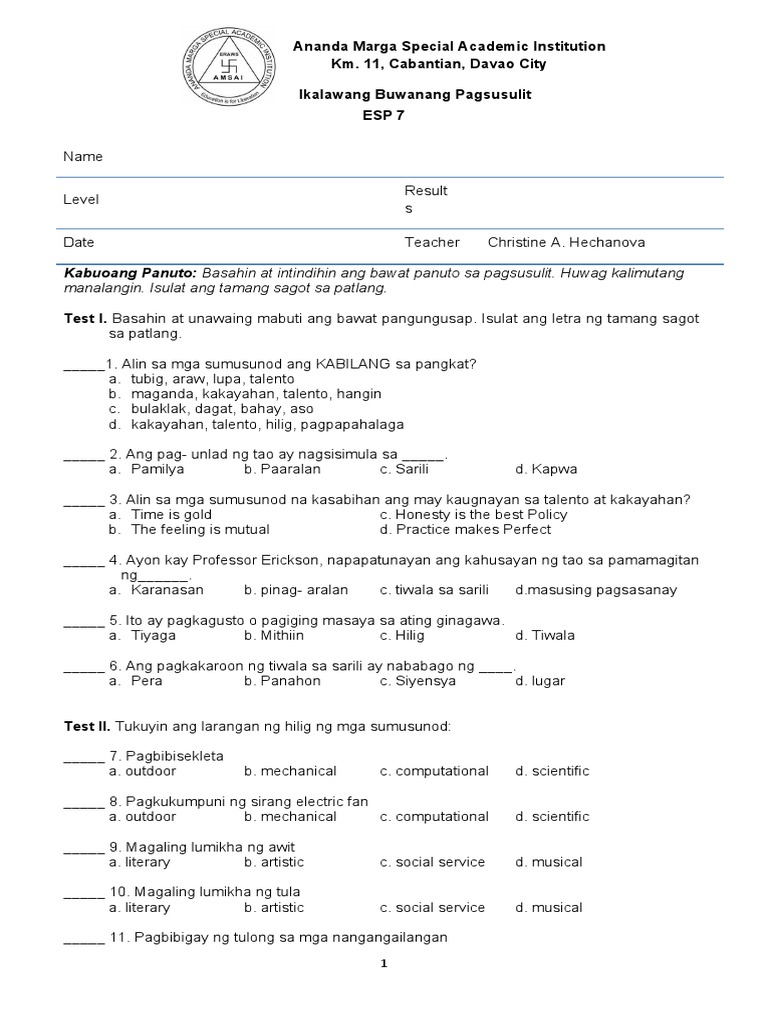 ESP 7 Exam Sample | PDF