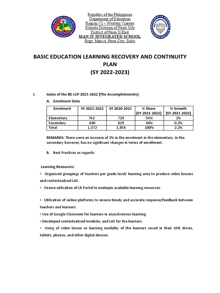 Education Recovery Plan 2022-2023 | PDF | Teachers | Learning
