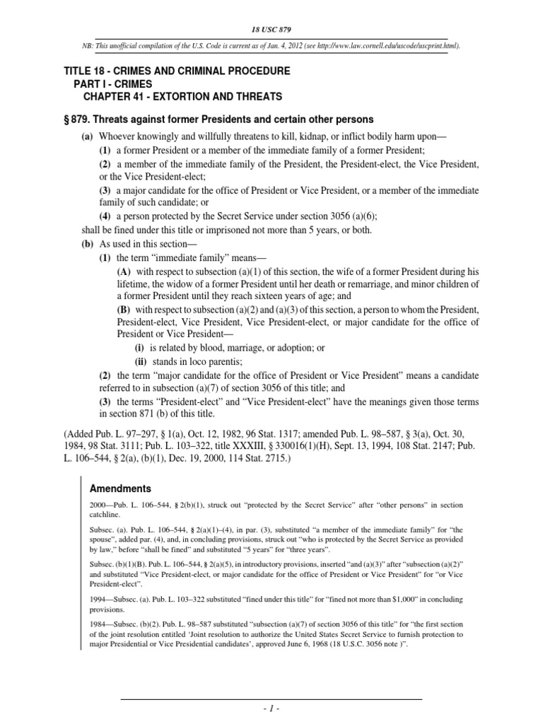 18 U S Code 879 Threats Against Former Presidents And Certain Other Persons Pdf