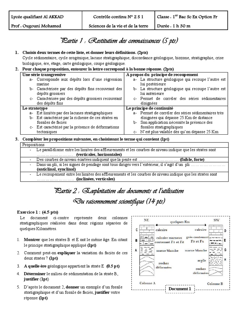 Contrôle SVT 1 Bac S2 - Géologie | PDF | Géologie | Stratigraphie
