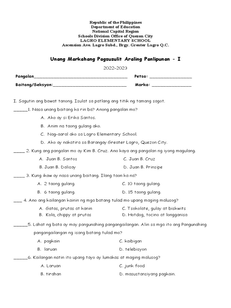 Q1 Araling Panlipunan PT SY. 22 23 | PDF