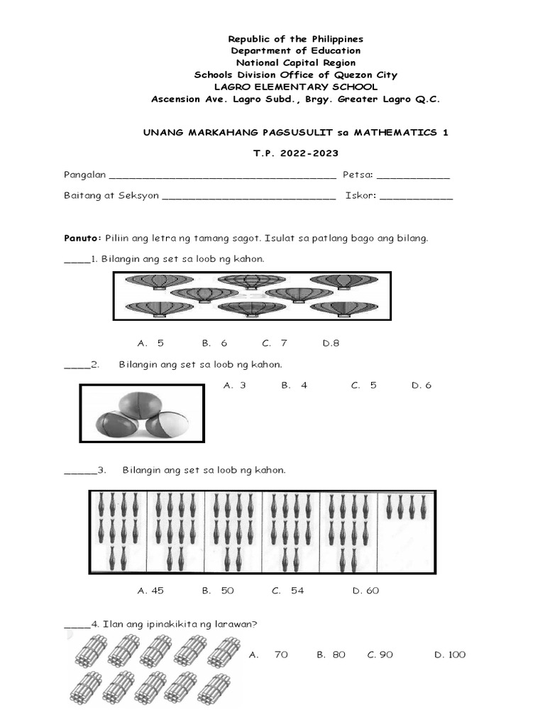 GRADE 1-1st PT-MATHEMATICS | PDF