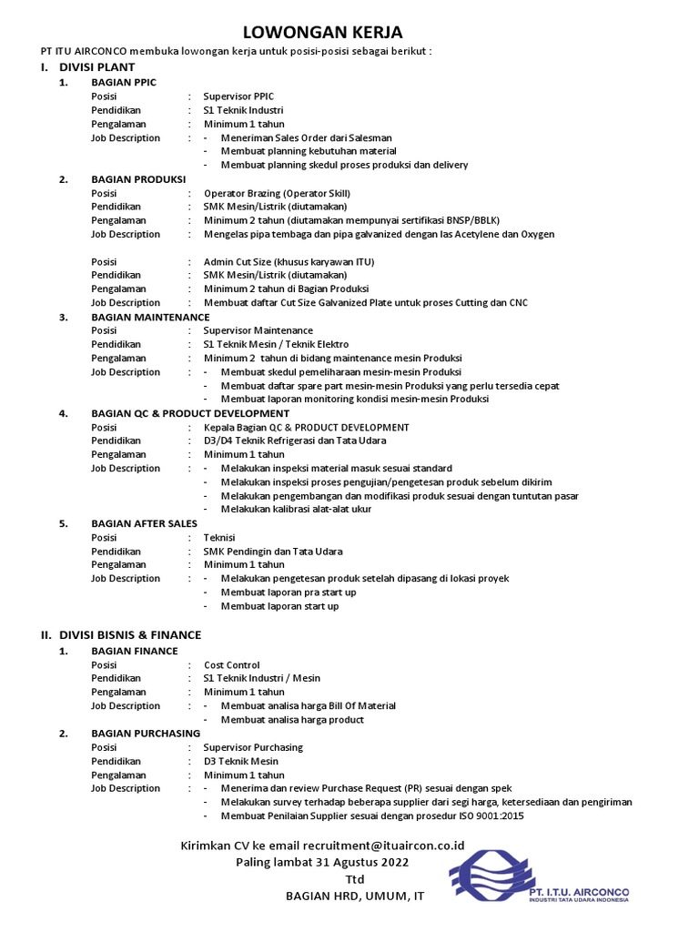 Loker PT ITU AIRCONCO | PDF | Bisnis | Komputer