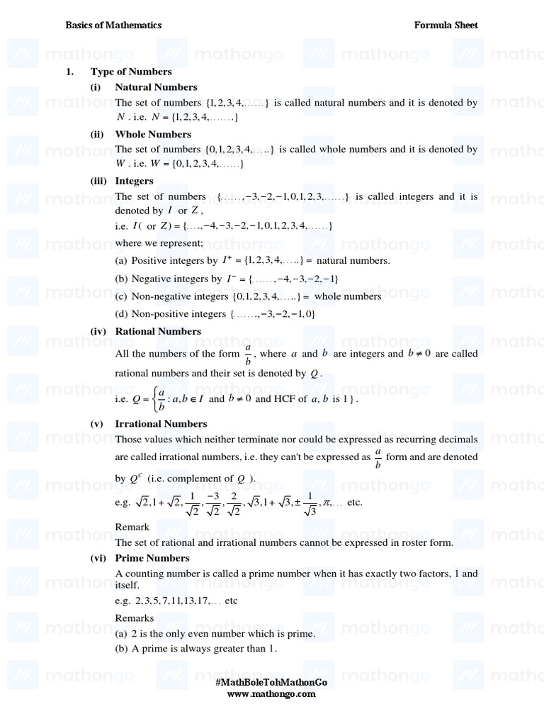 Basics of Mathematics - Formula Sheet - MathonGo | PDF