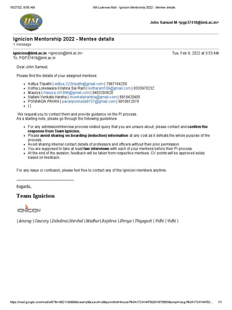 Ignicion Mentorship 2022 - Mentee Details | PDF