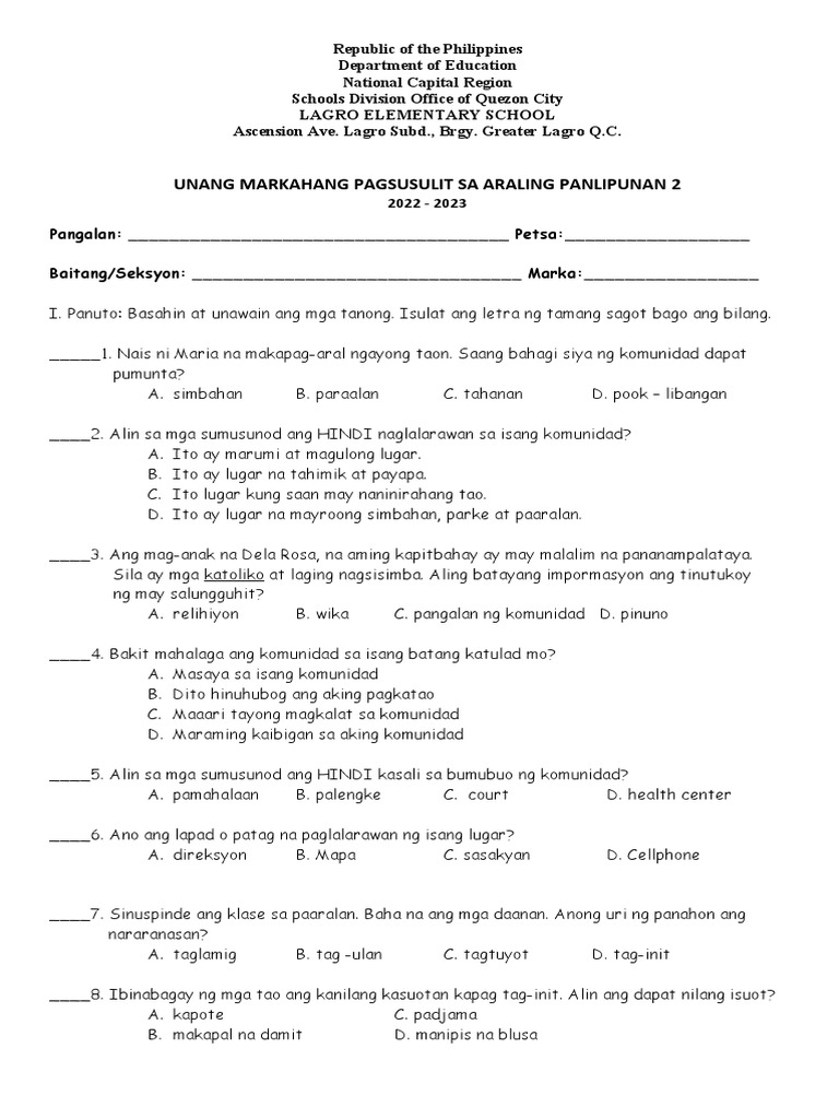 First Periodical Test AP Grade 2 | PDF