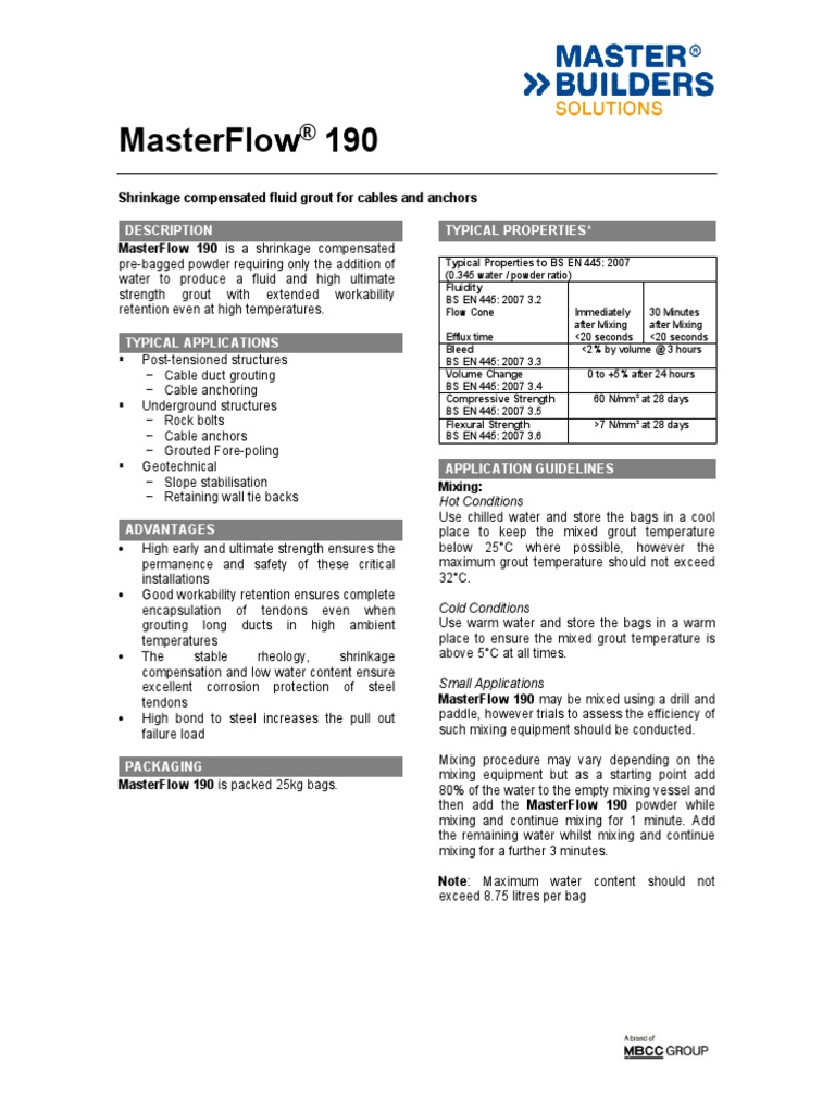 Cementitious Grout (MasterFlow 190) | PDF
