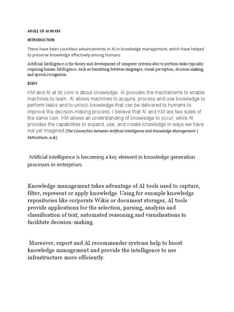 Role Of Ai In Km Pdf Artificial Intelligence Intelligence Ai