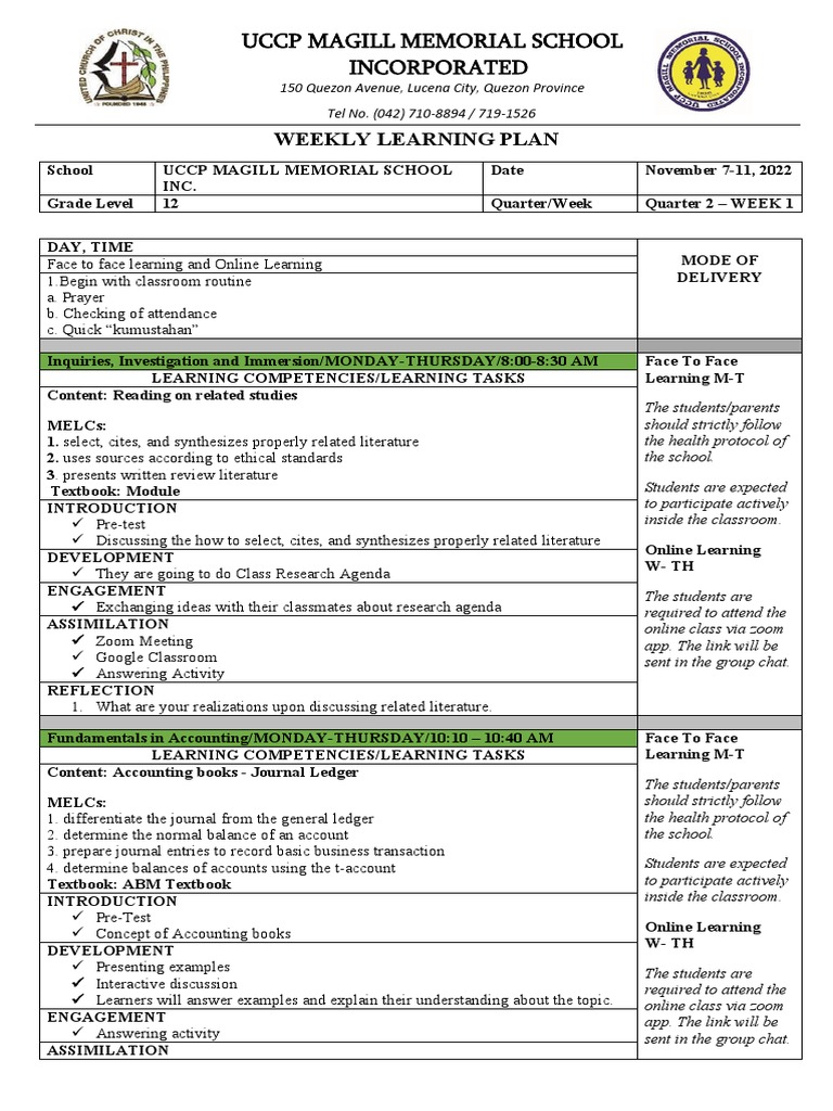 UCCP Magill Memorial School Weekly Learning Plan | PDF | Educational Technology | Learning
