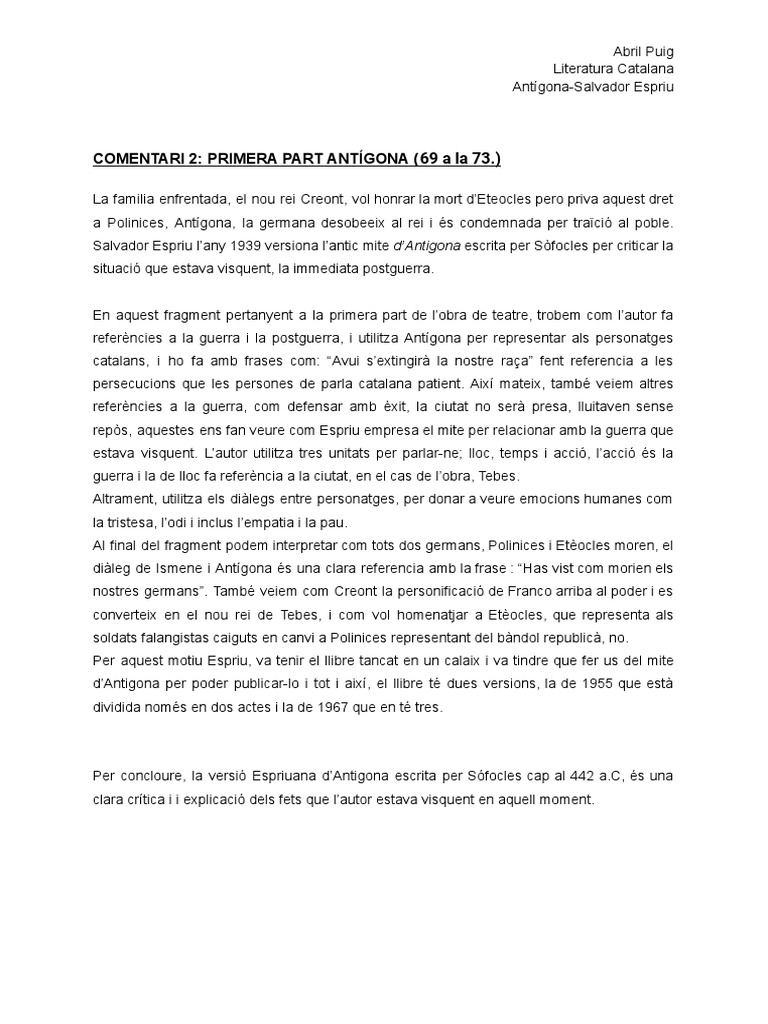 2n Comentari (Primera Part) ANTIGONA | PDF