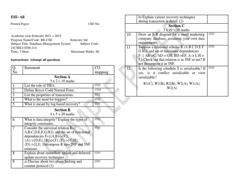 Database Management System Exam Paper | PDF | Teaching Methods & Materials
