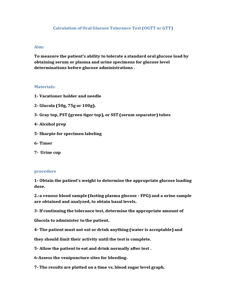 Calculation of Oral Glucose Tolerance Test (OGTT or GTT) | PDF ...