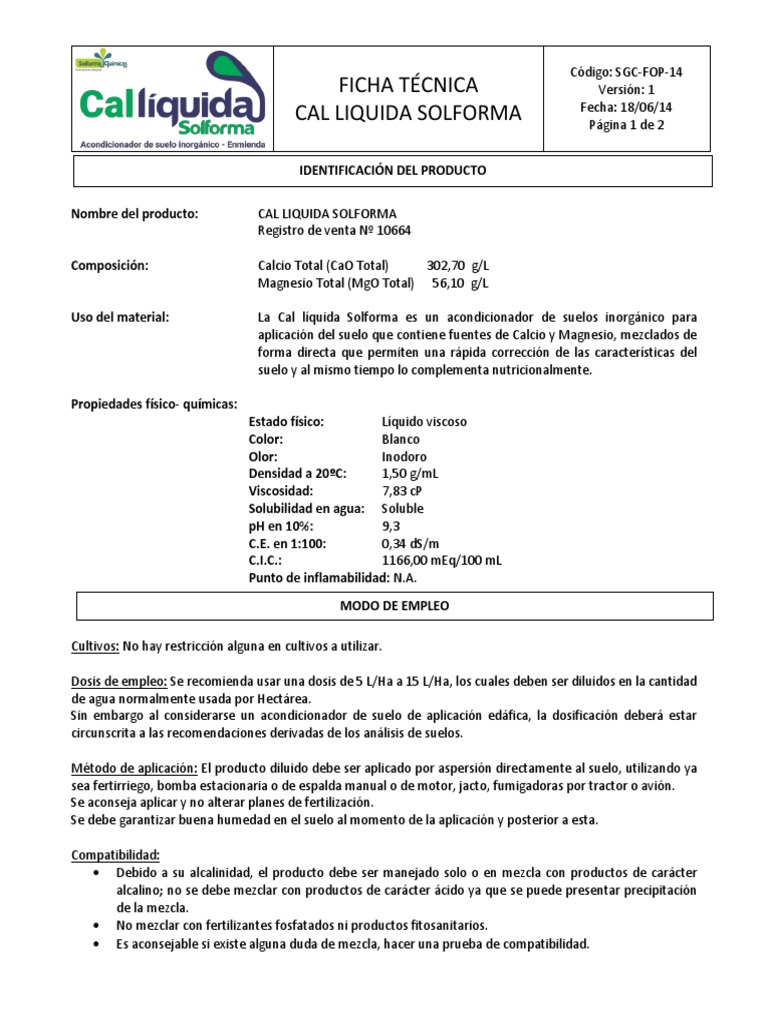 Ficha Técnica - Cal Liquida Solforma | PDF