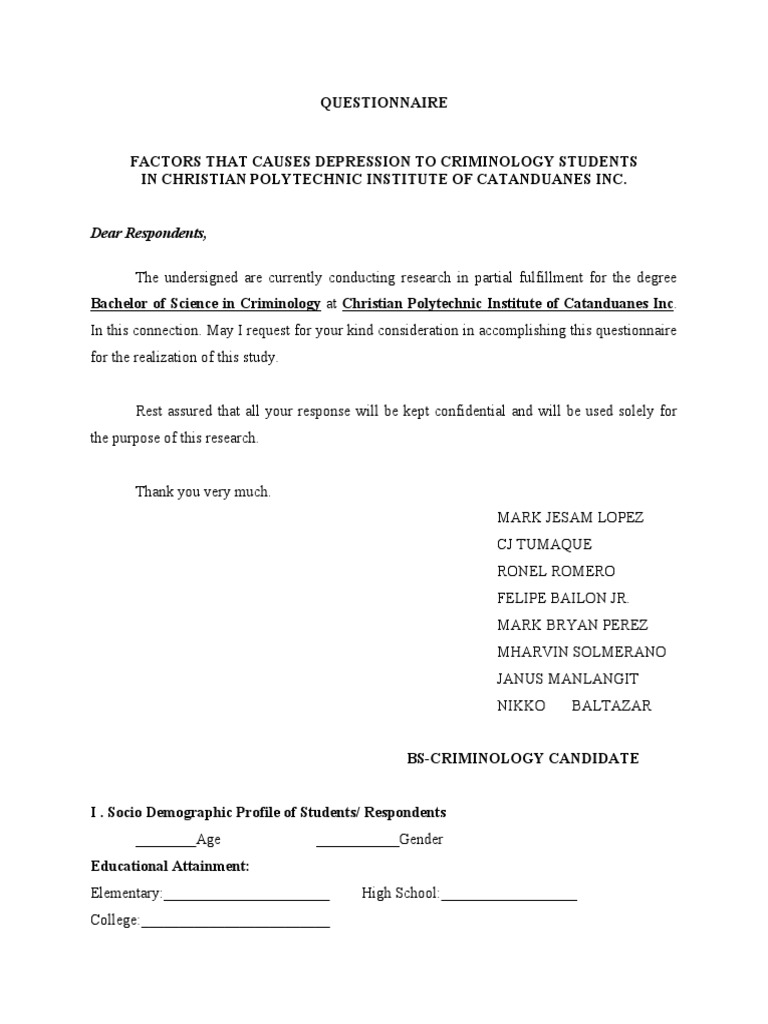Questionnaire Depression | PDF | Depression (Mood) | Psychological Concepts
