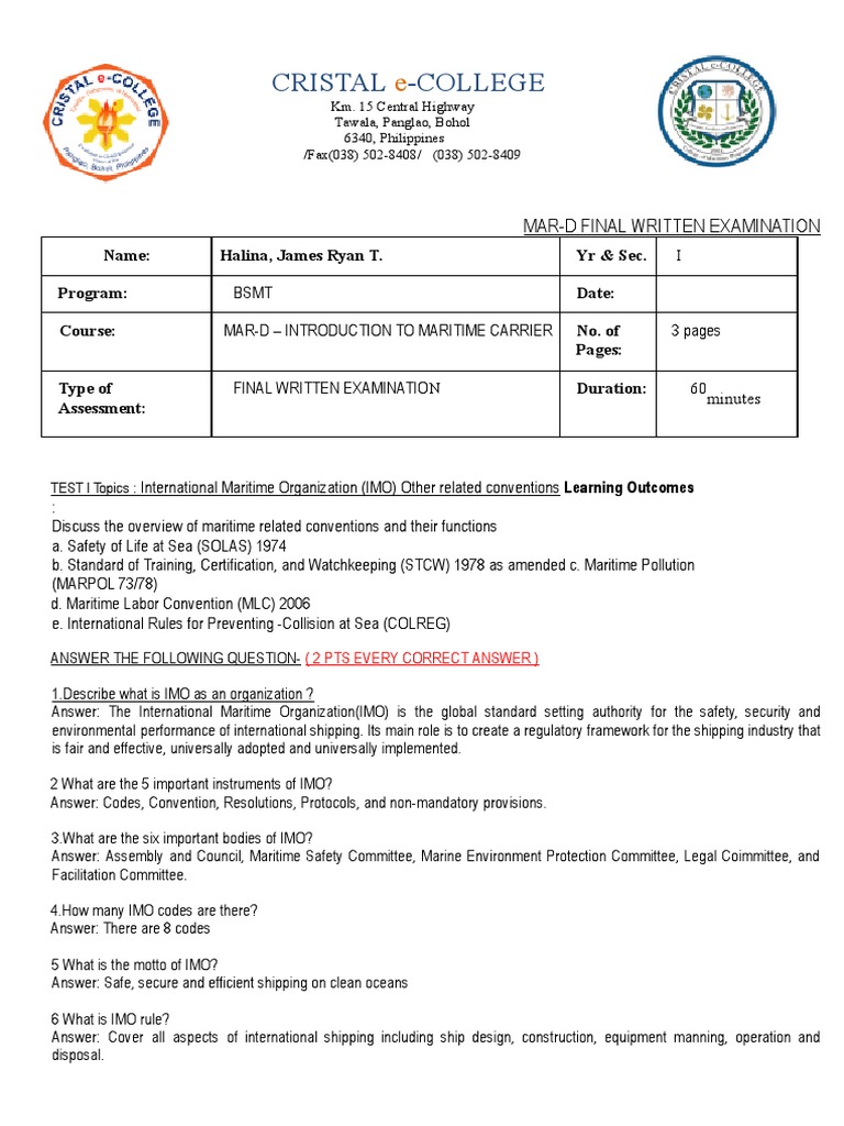 BSMT 1 (F) Mar D Final Exam Halina | PDF