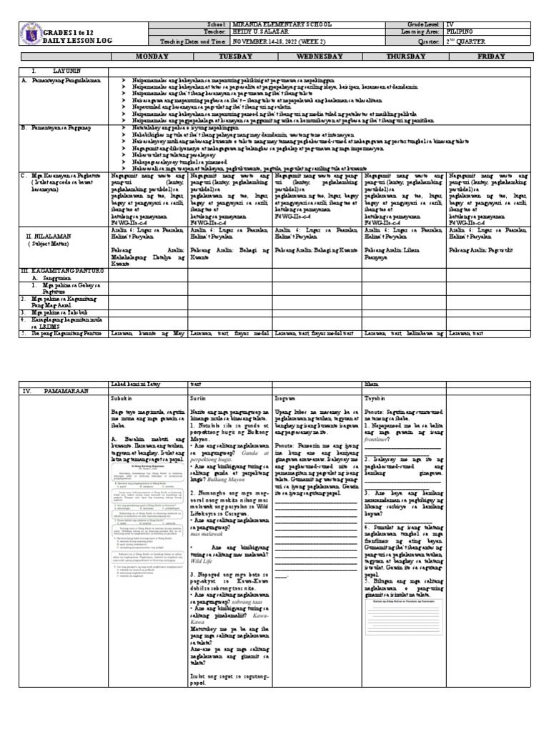 DLL - Filipino 4 - Q2 - W2 | PDF