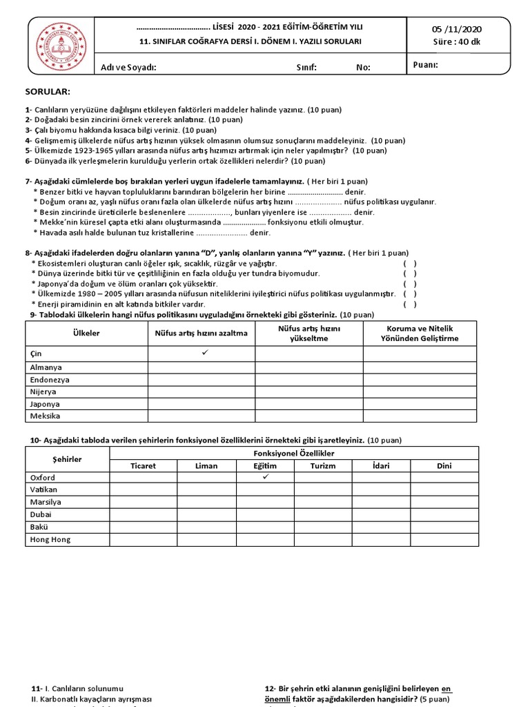 11 Sinif 1 Donem 1 Yazili 2021 | PDF