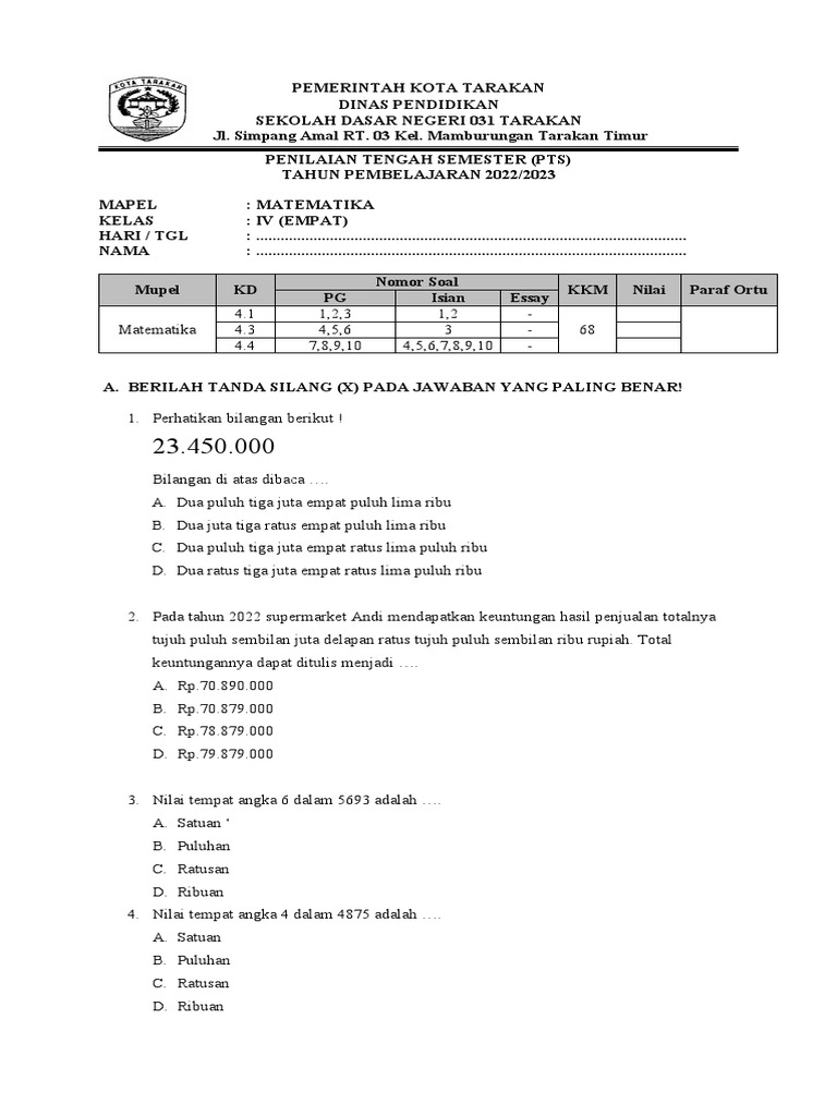 Soal PTS MTK Kelas 4 A | PDF | Metode & Bahan Ajar