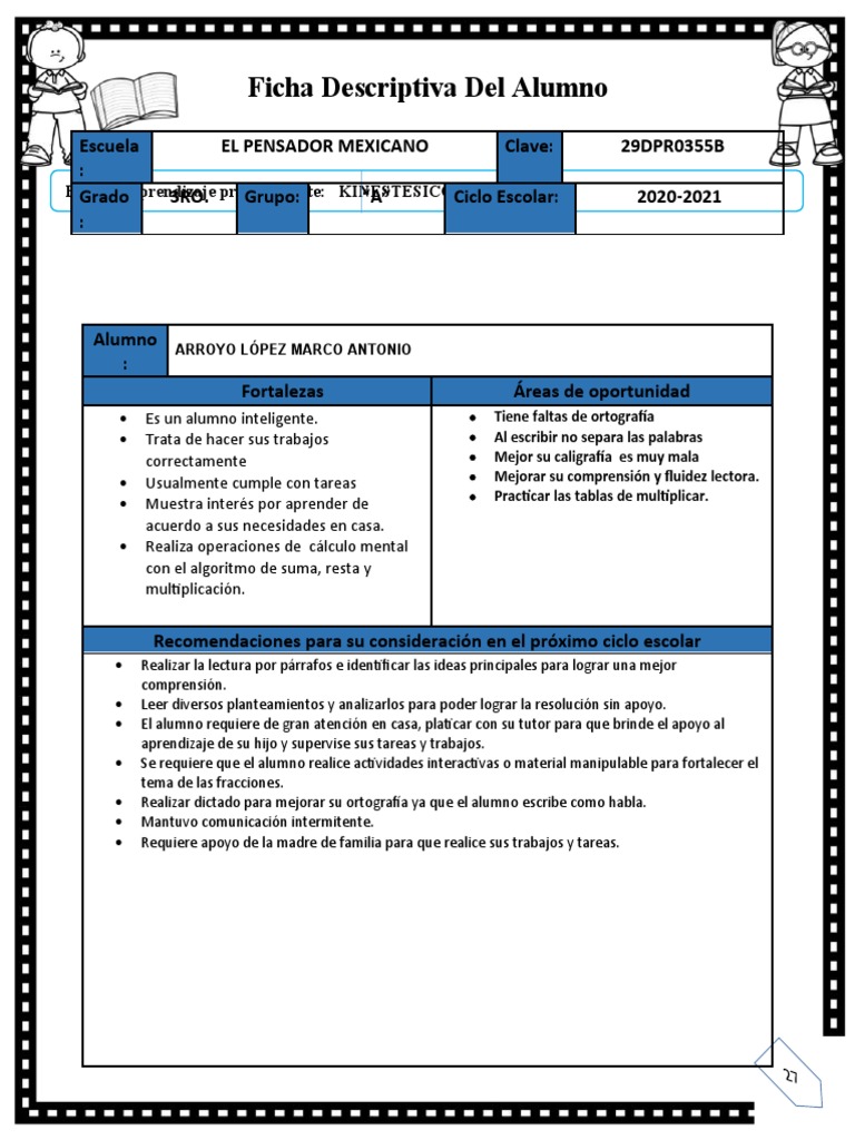 Ficha Descriptiva Del Alumno Tercero A Villa 1 Pdf Aprendizaje
