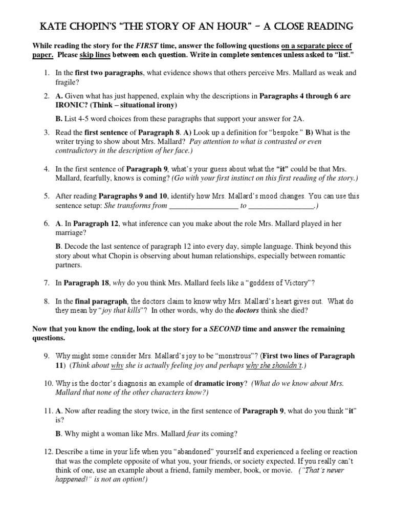 Kate Chopin'S "The Story of An Hour" - A Close Reading | PDF ...