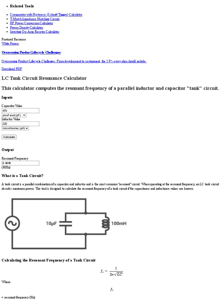 Lc Tank Circuit Resonance Calculator Electrical Engineering And Electronics Tools Pdf