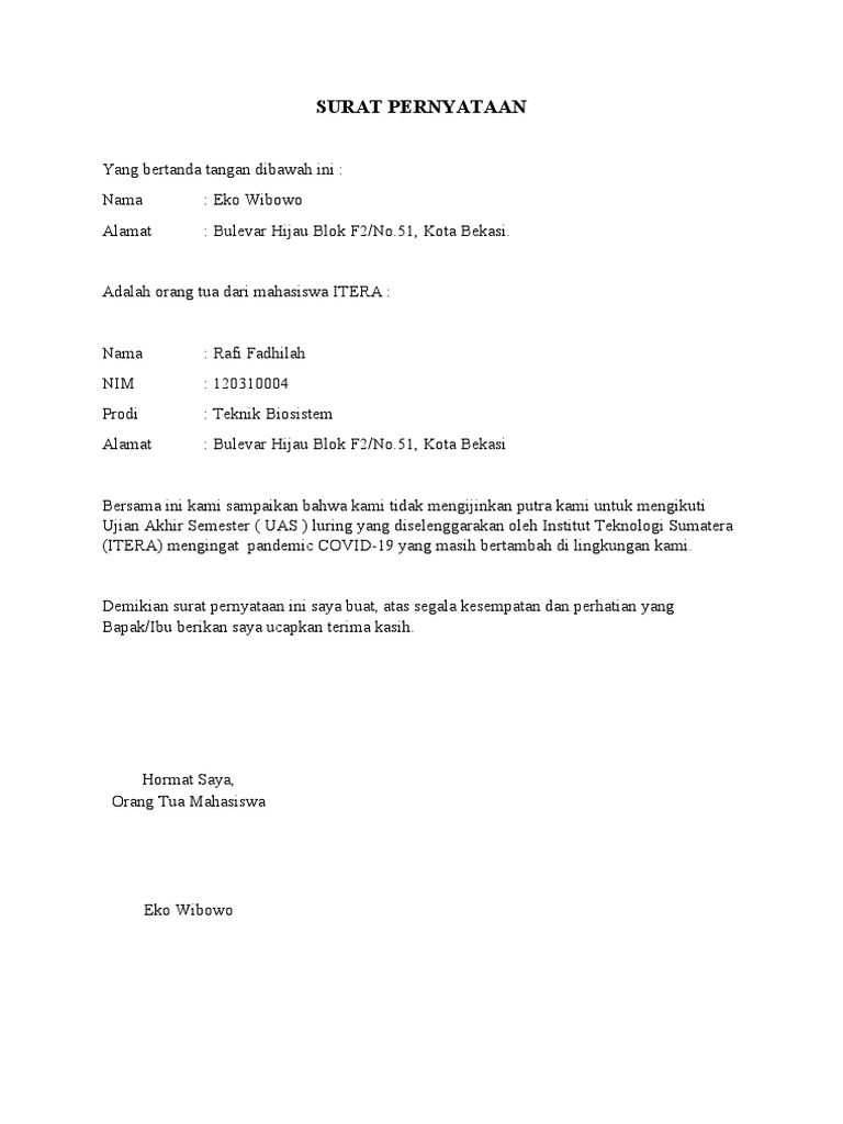 Surat Pernyataan Mengikuti Uas | PDF