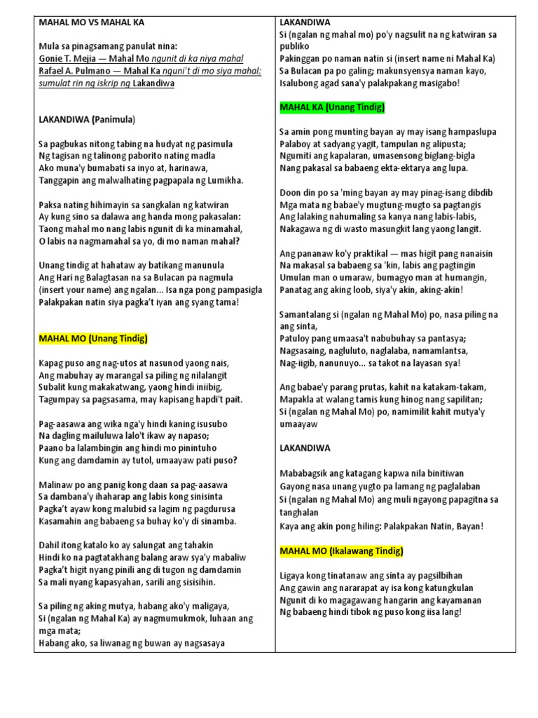 MAHAL MO VS MAHAL KA - Balagtasan | PDF