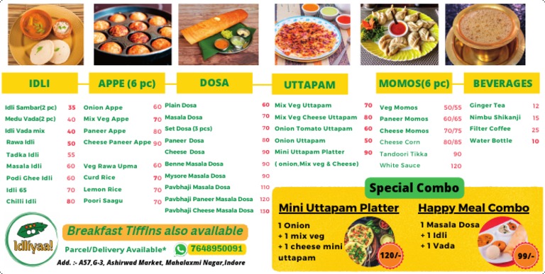 Idliyaa Menu PDF (72 × 36 In) | PDF | Food And Drink Preparation | Foods