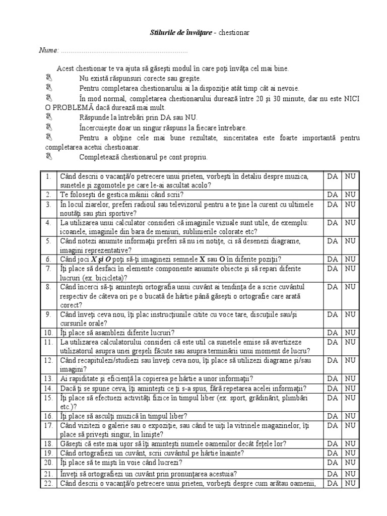 Chestionar-Stiluri de Invatare | PDF