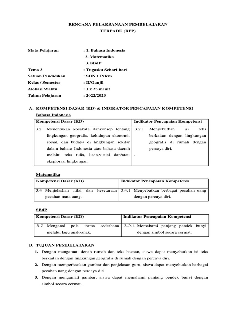 Contoh RPP Terpadu Kelas 2 SD | PDF