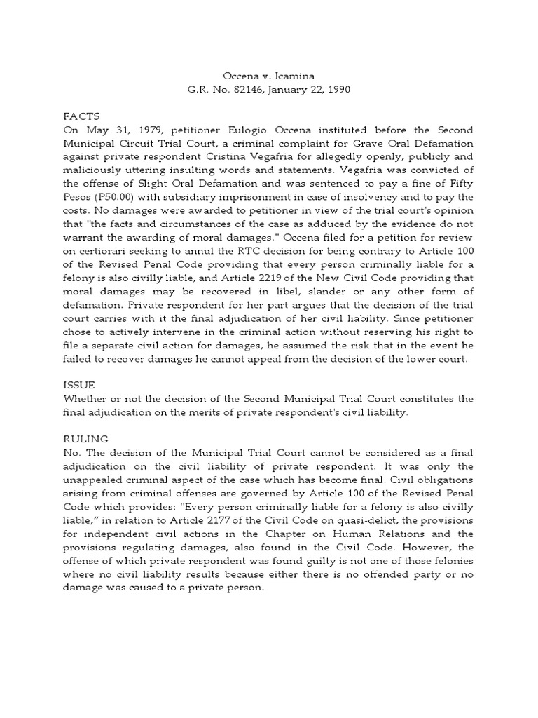 Occena v. Icamina (G.R. No. 82146) | PDF | Defamation | Public Sphere