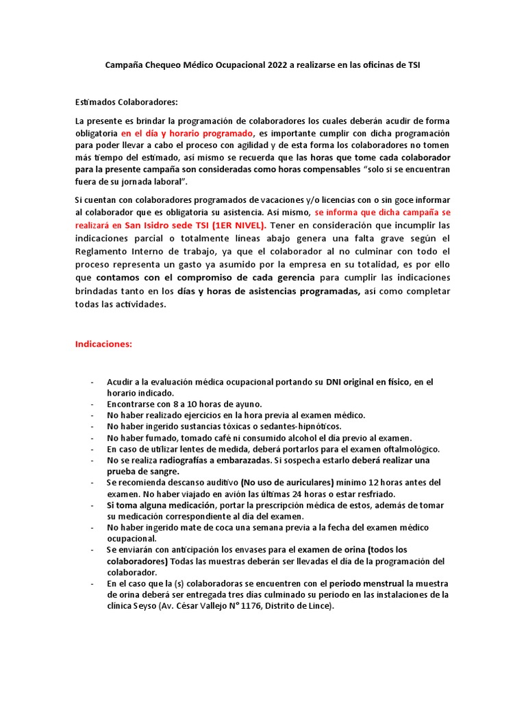 Campaña Chequeo Médico Ocupacional 2022 A Realizarse en Las Oficinas de TSI | Descargar gratis ...