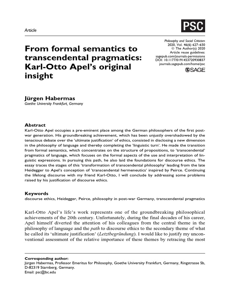 Habermas - From Formal Semantics To Transcendental Pragmatics Karl-Otto Apel's Original Insight ...