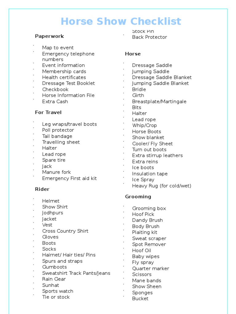 Horse Show Checklist | PDF | Dressage | Horses
