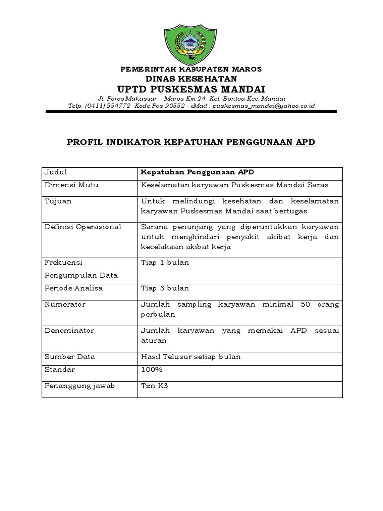 Indikator Kepatuhan Penggunaan APD | PDF