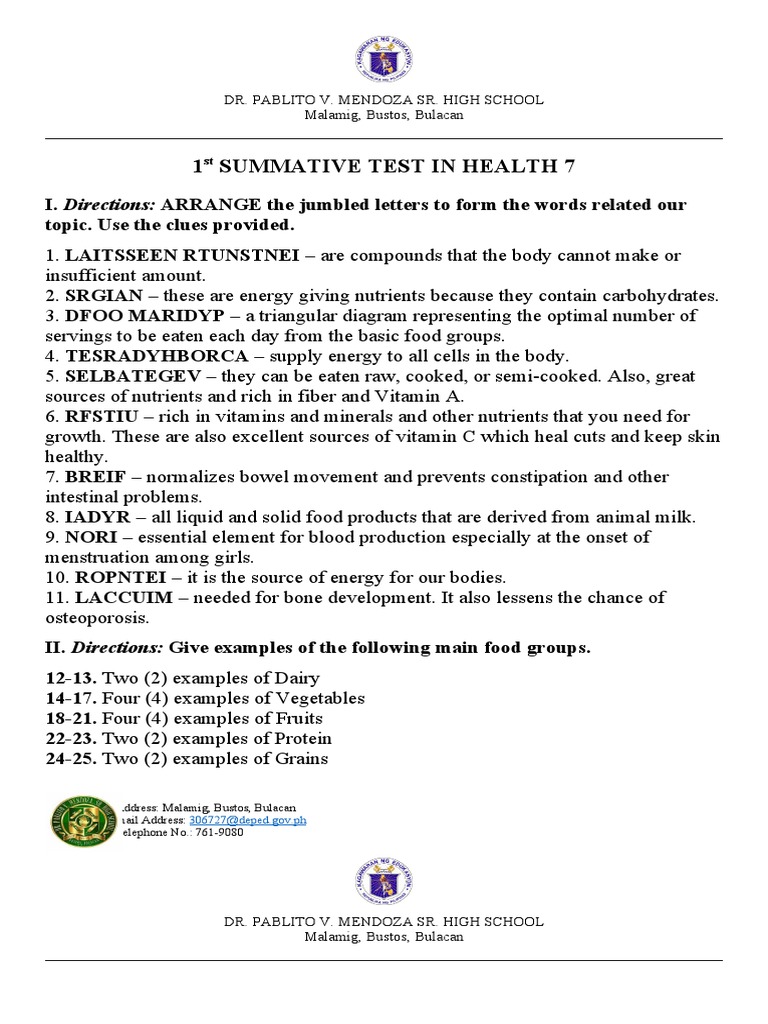 First Summative Test in Health | PDF | Nutrients | Foods