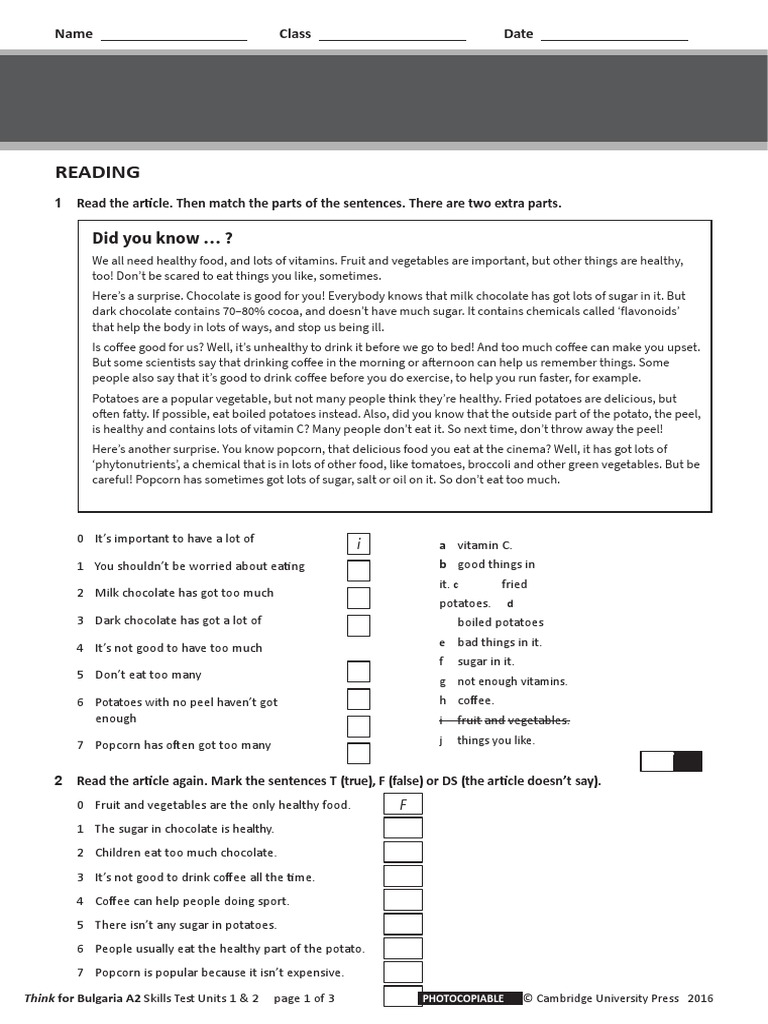Think For Bulgaria A2 Skills Test-Units 1-2 | PDF | Chocolate | Potato