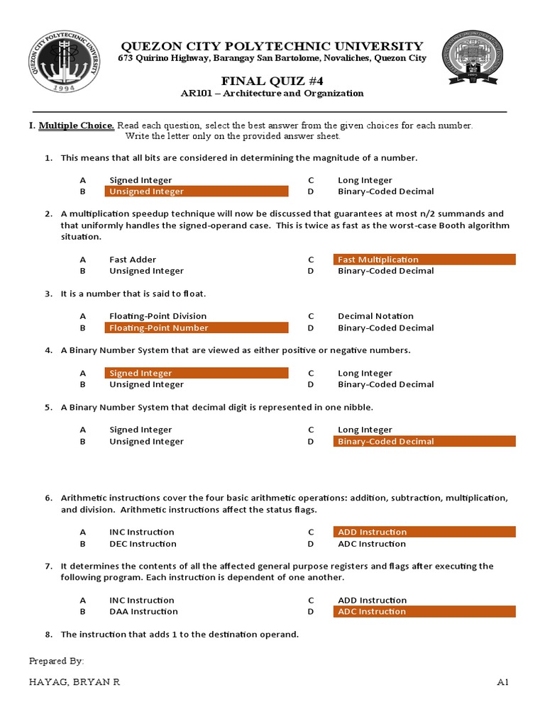 Final Quiz 4 Answer Key | PDF