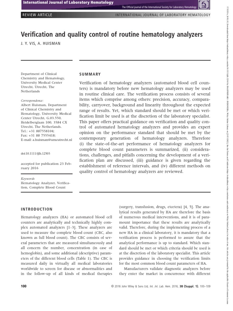 Int J Lab Hematology - 2016 - Vis - Verification and Quality Control of Routine Hematology ...
