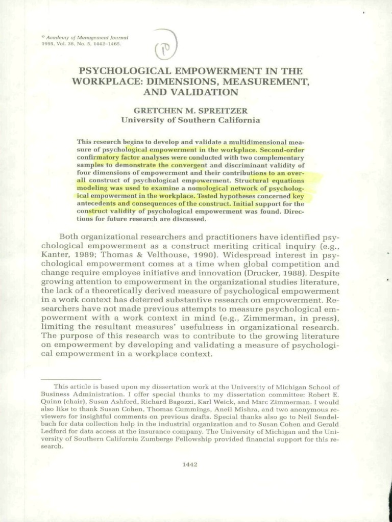 Spreitzer Psychological Empowerment in The Workplace - Dimensions ...