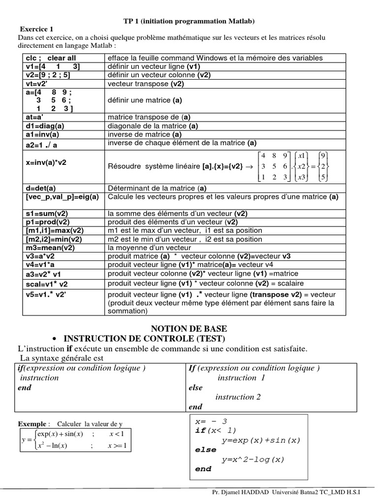 TP 1initiation Programmation Matlab | PDF