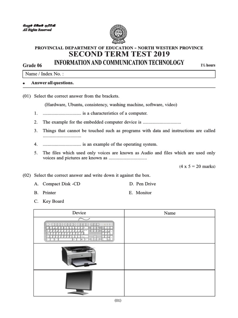 Grade 06 ICT 2nd Term Test Paper 2019 English Medium - North Western ...