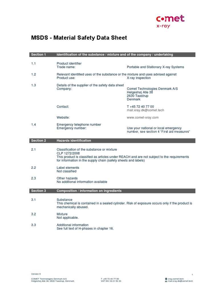 Material Safety Data Sheet For Portable and Stationary X-Ray Systems v9 | PDF | Dangerous Goods ...